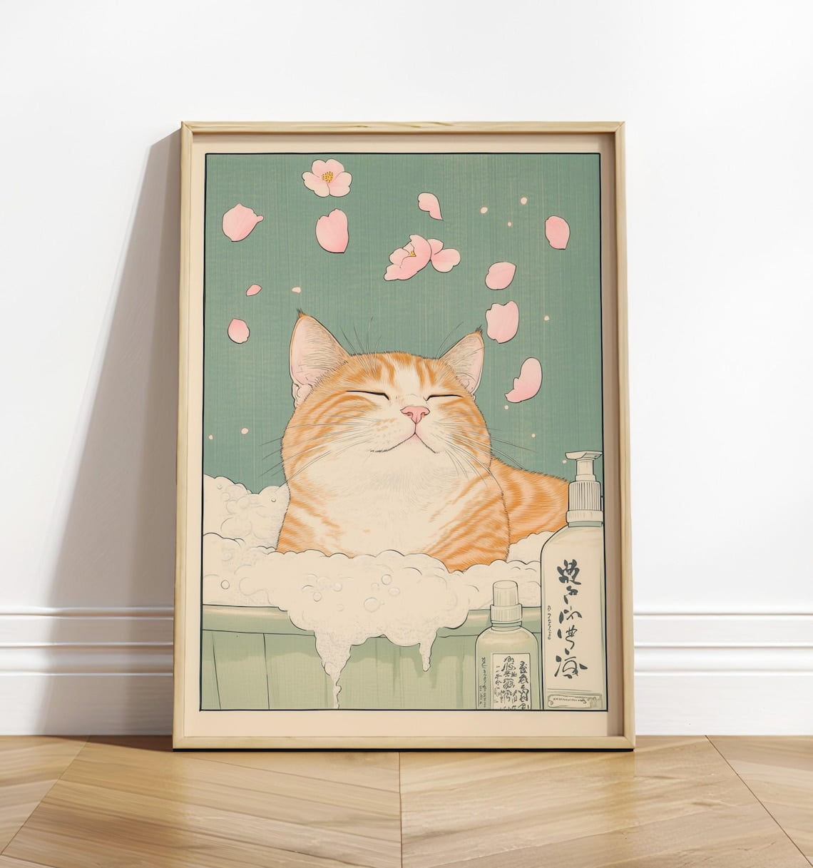 Japanese Ginger Tabby Cat In A Bath, Japan Style Bathroom Print, Funny ...