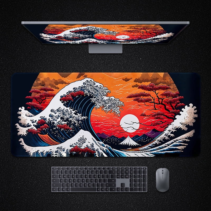 Japanese Great Wave Sunset Gaming Desk Mat, Large Art Mouse Pad ...