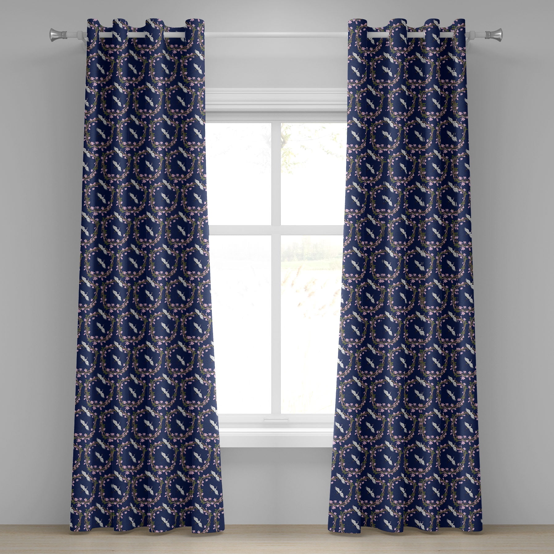 Japanese Grommet Curtain, Circular Wreath Branches and Floral Petals ...