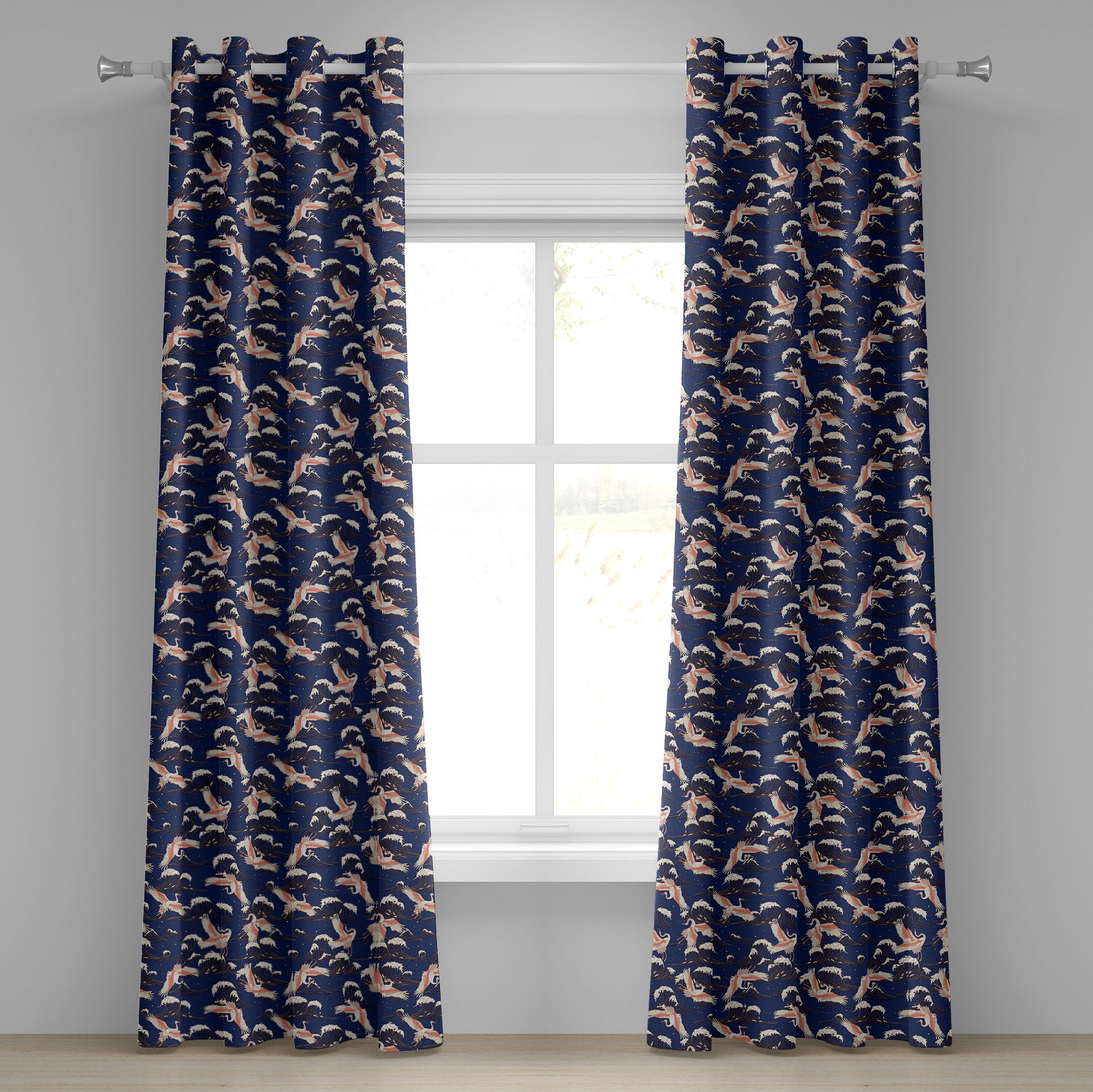 Japanese Grommet Curtain, Crane Birds and Big Waves Cultural Symbol ...