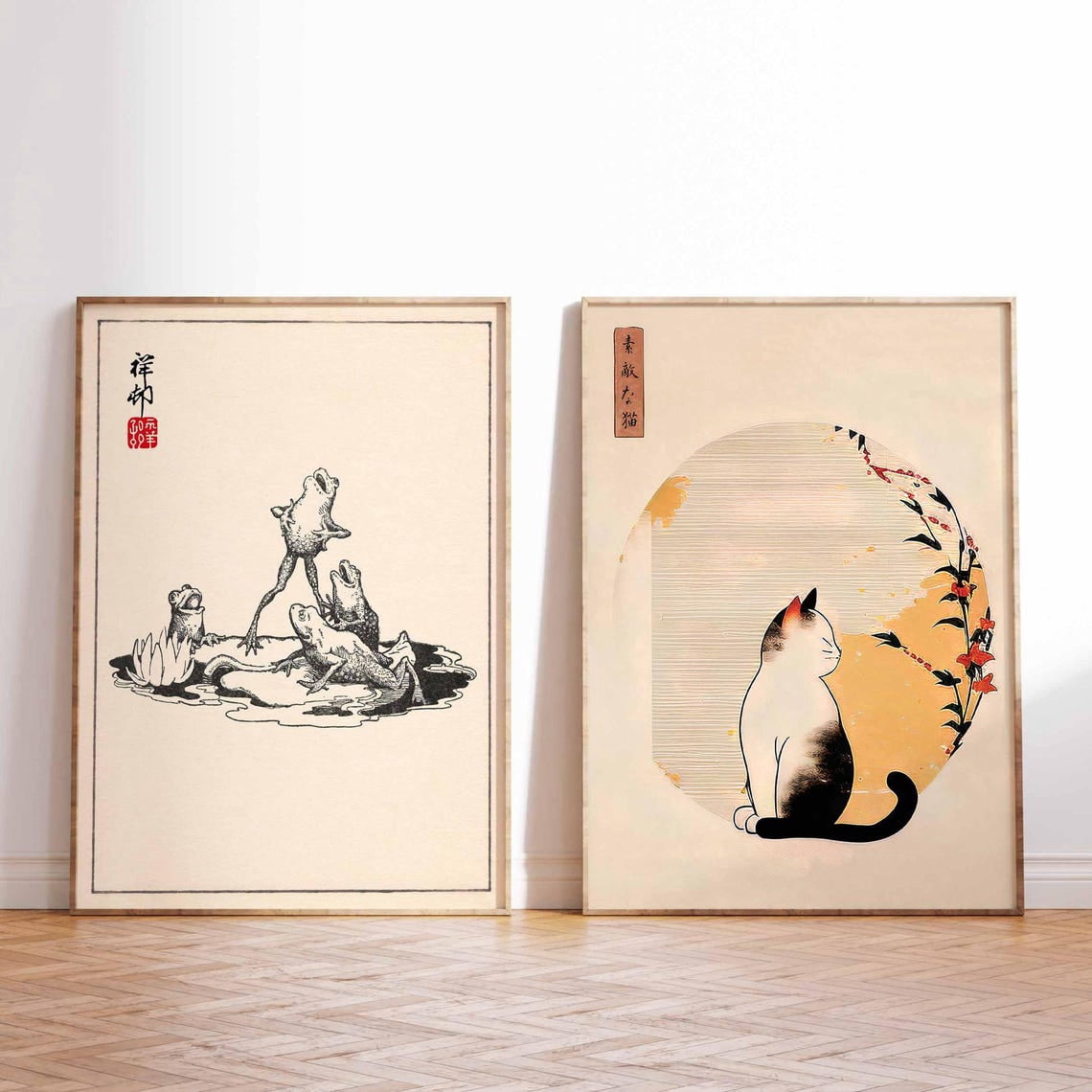Japanese Ink Art Prints Frog Cat Wall Art Minimalist Zen Traditional ...