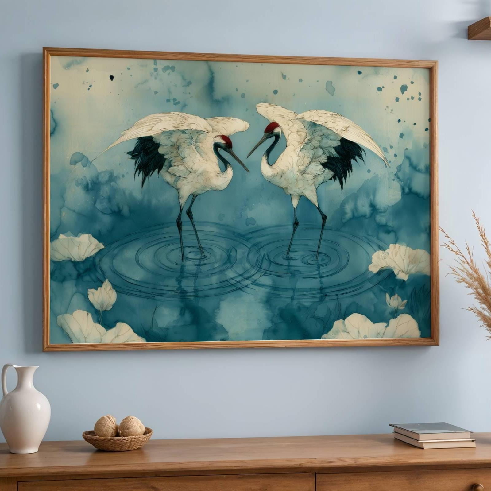 Japanese Ink Wash Crane Pair Art Print Deep Blue Serene Water Ripple ...