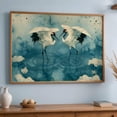 Japanese Ink Wash Crane Pair Art Print Deep Blue Serene Water Ripple ...
