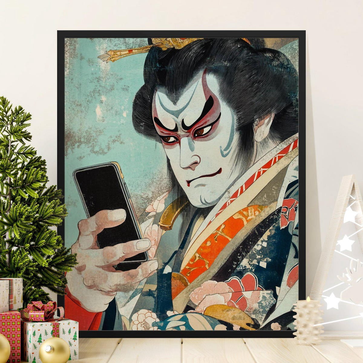 Japanese Kabuki Actor with Smartphone Poster, Digital Artwork, Unique ...