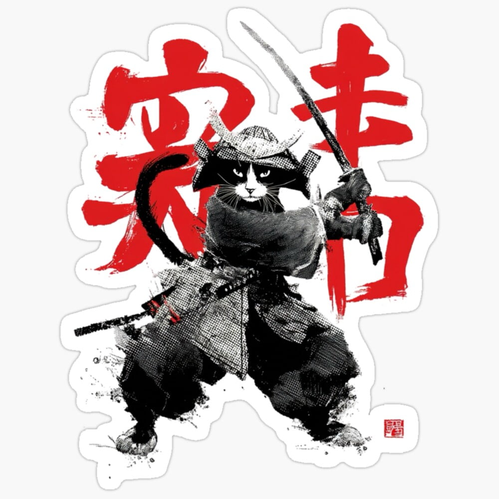 Japanese Kanji Bushido Cat With Samurai Sword Glossy Stickerphone Decal ...