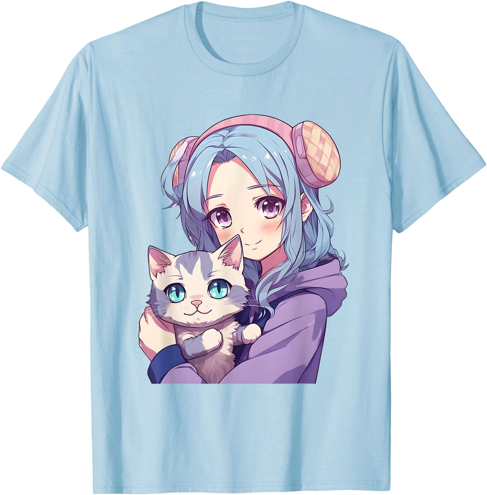 Japanese Kawaii Cats Cute Girl Softstyle Unisex T-Shirt,Light Blue ...