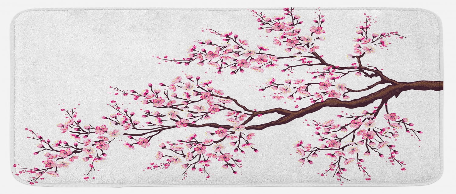 Japanese Kitchen Mat, Branch of a Flourishing Sakura Tree Flowers ...