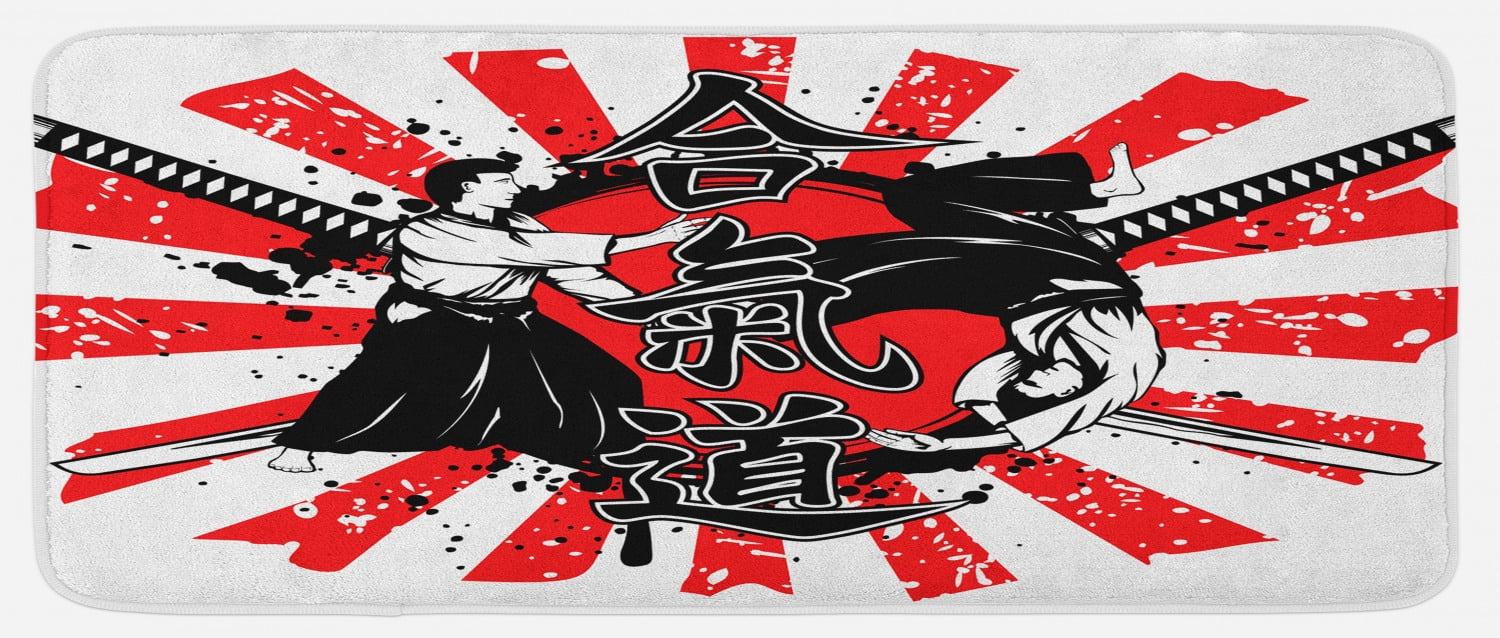 Japanese Kitchen Mat, Crossed Samurai Hieroglyph Background 2 Ronin Ai ...