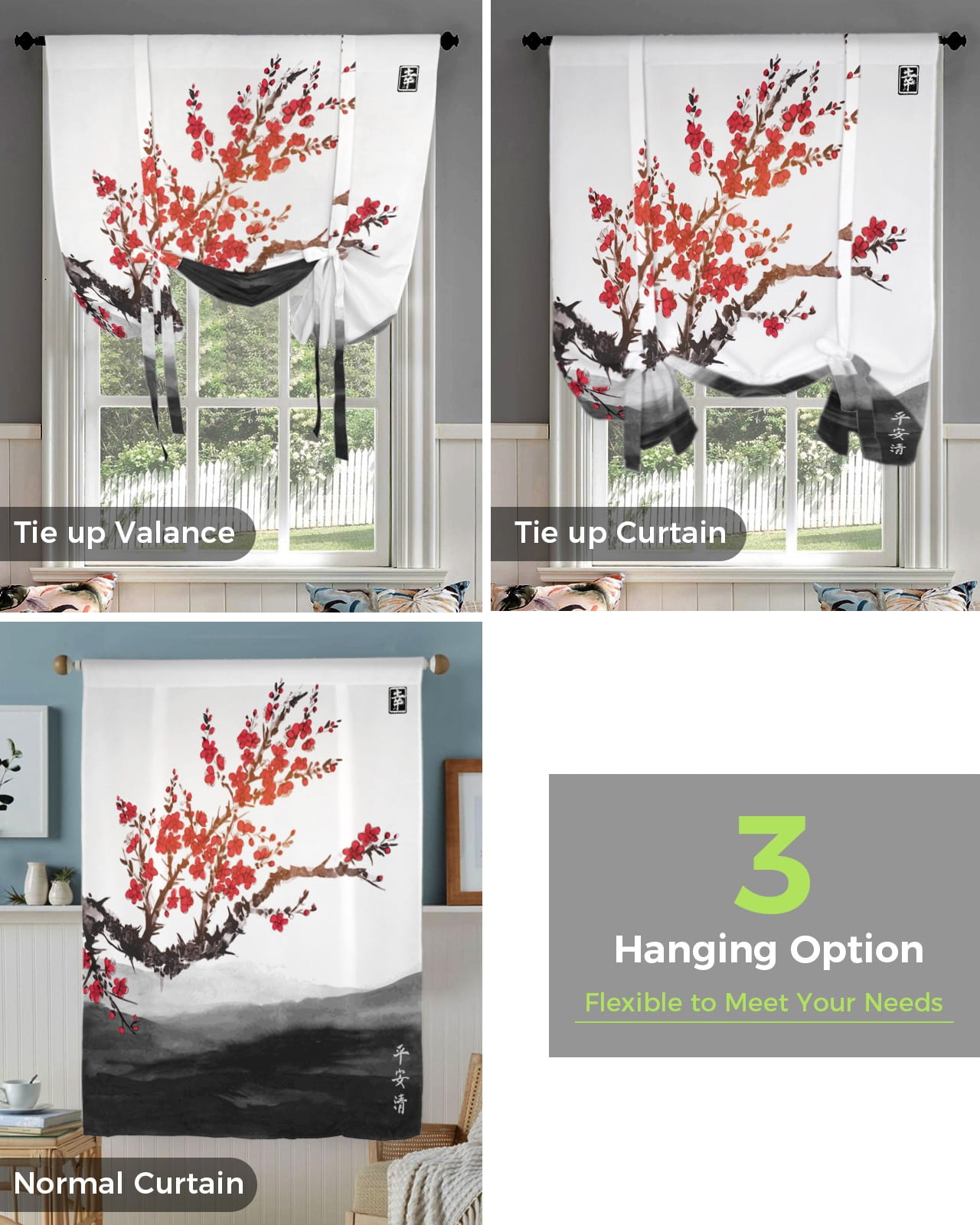 Japanese Kitchen Sakura Texture Window Curtain for Living Room Bedroom ...