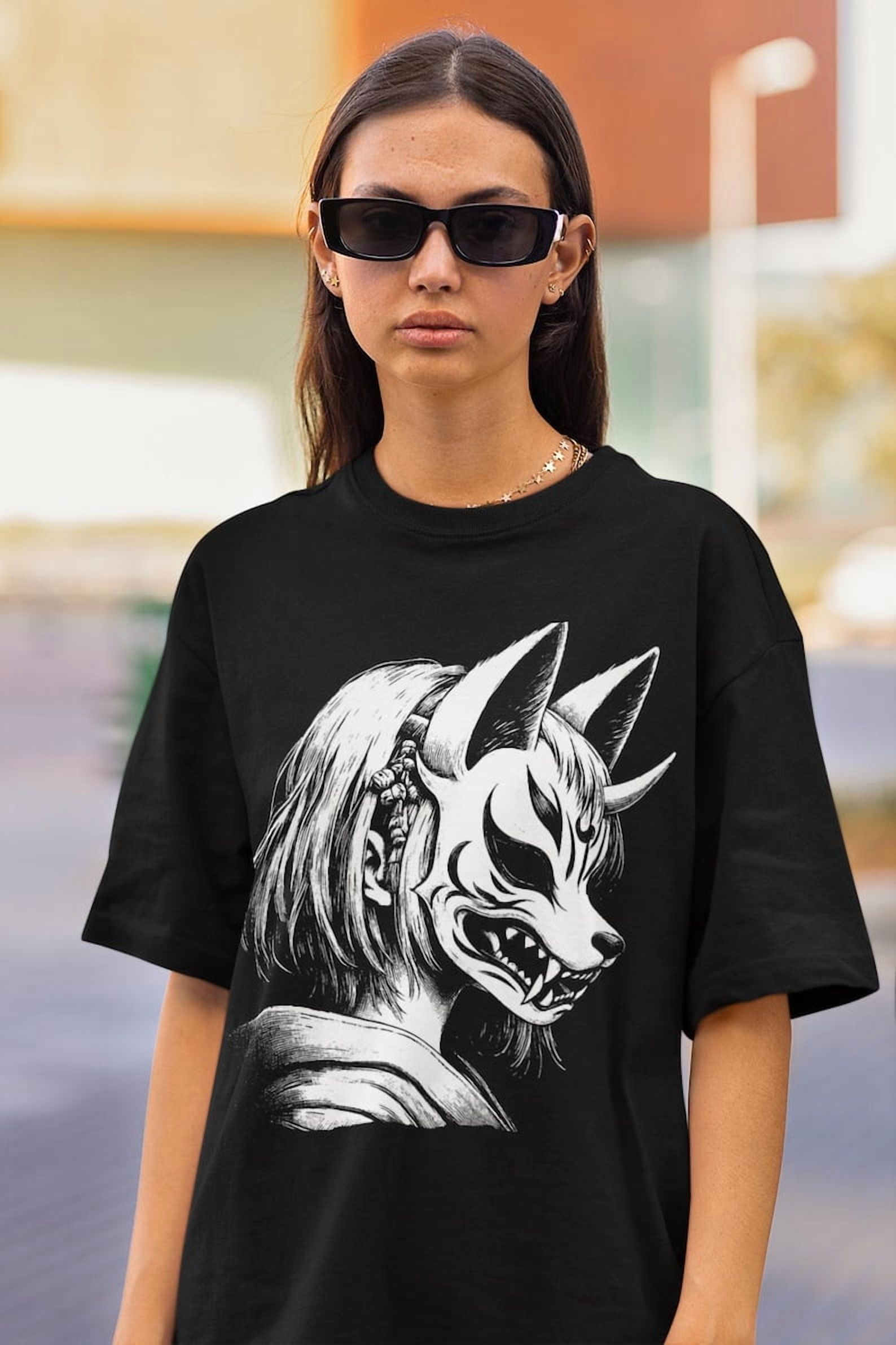 Japanese Kitsune Girl Mask Shirt, Japanese Yokai Fox Tee, Harajuku ...