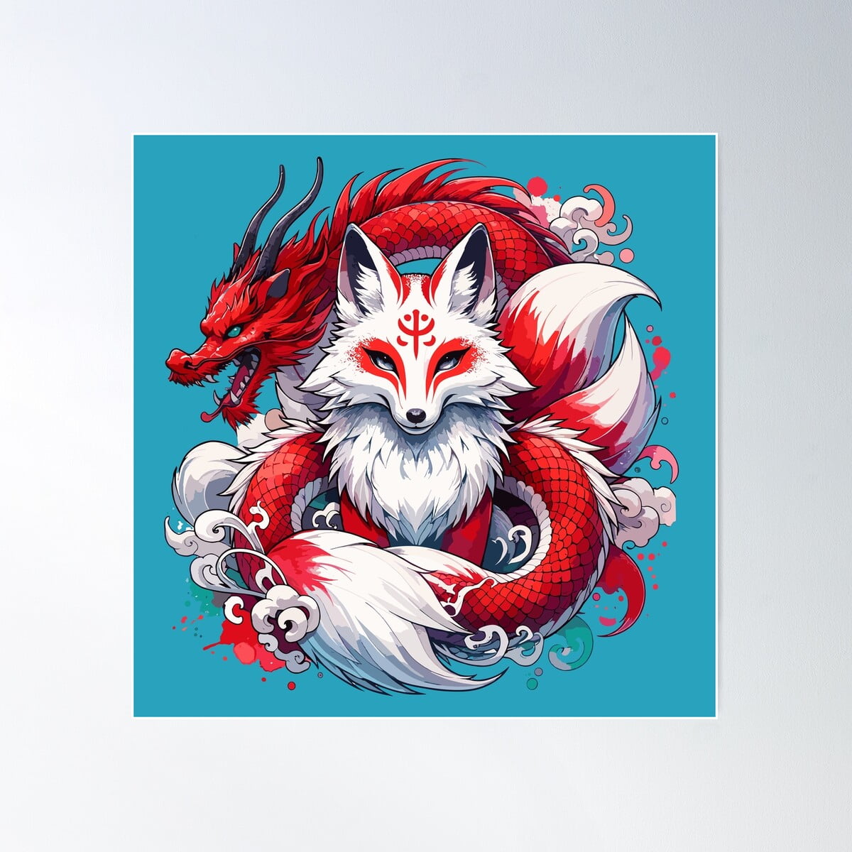 Japanese Kitsune Nine-Tailed Fox Dragon Anime Poster Wall Art, Modern ...