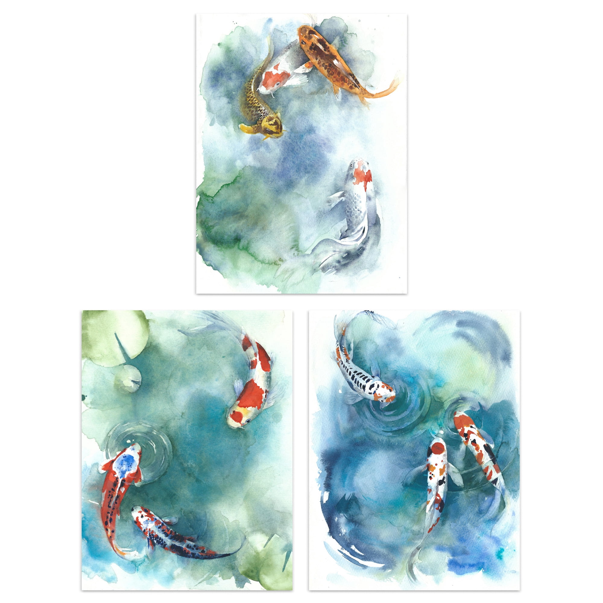 Japanese Koi Carp Fish Watercolour Set Of 3 Unframed Wall Art Prints ...