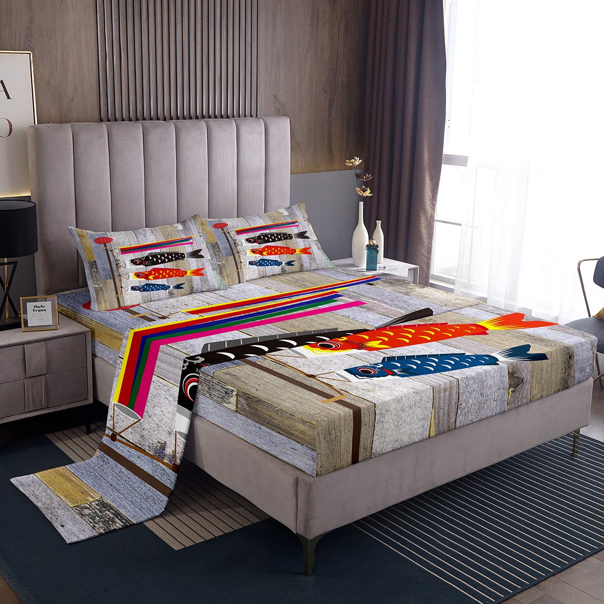 Japanese Koi Fish Bed Sheets Set Twin, Farmhouse Old Barn Door Sheet ...