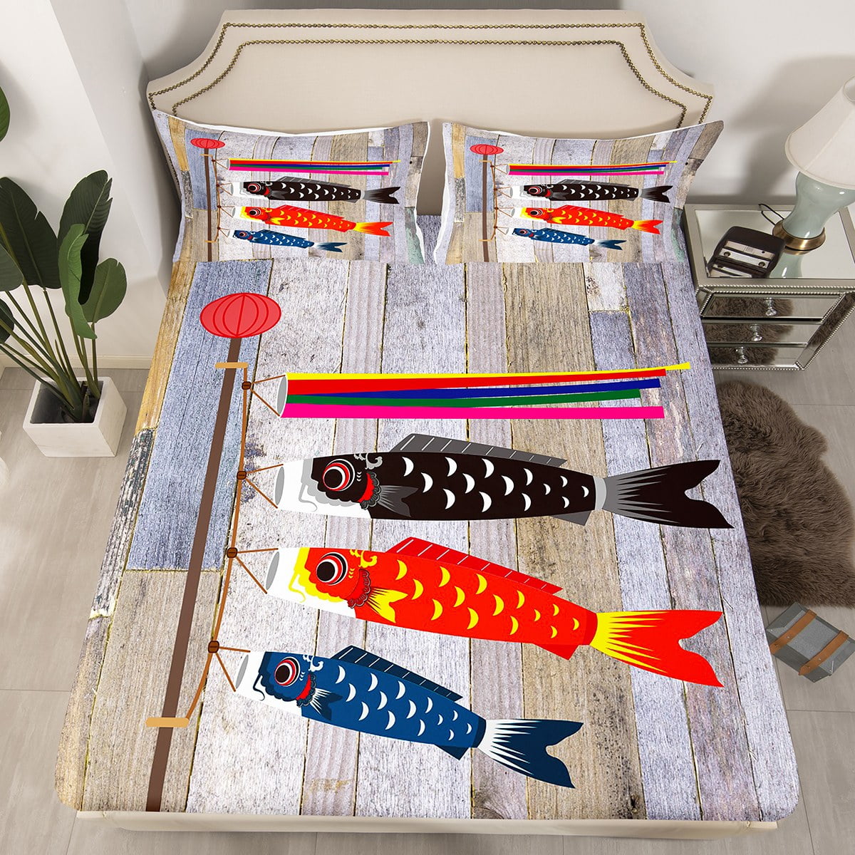 Japanese Koi Fish Fitted Sheet Twin, Farmhouse Old Barn Door Bed Sheets ...