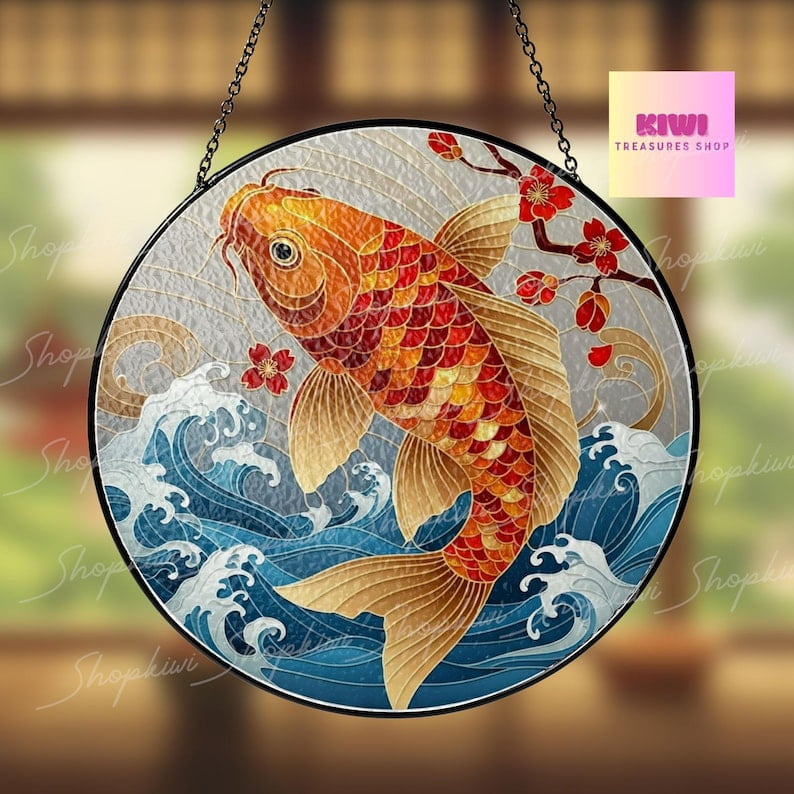 Japanese Koi Fish GLASS Suncatcher, Nautical Animal Asian Art Nouveau ...