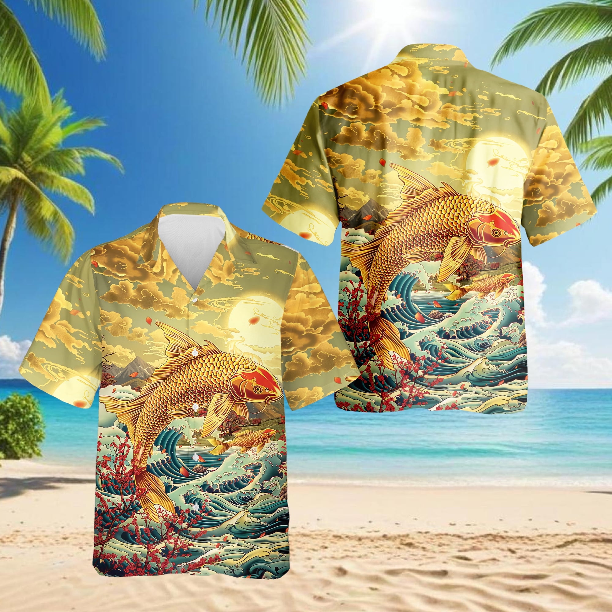 Japanese Koi Fish Hawaiian Shirt for Men, Button Down Summer Beach ...