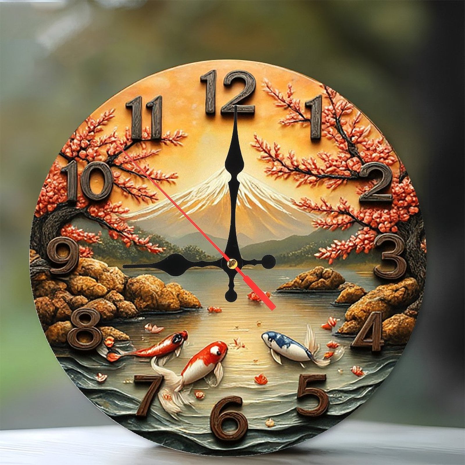 Japanese Koi Fish Pond Wall Clock Mount Fuji 10-Inch Silent Wooden Wall ...
