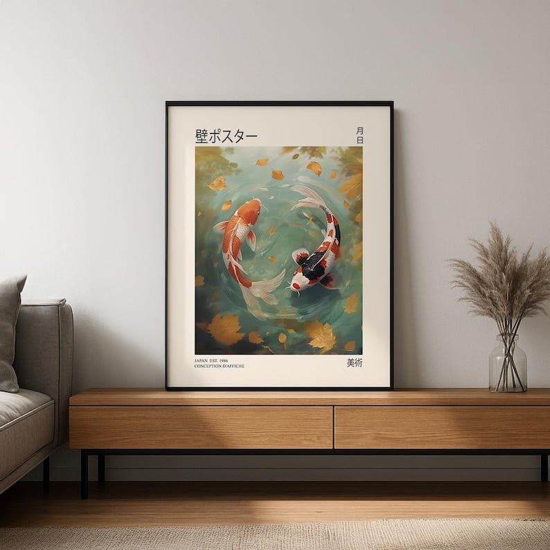 Japanese Koi Fish Poster | Yin Yang Koi Wall Art | Minimal Asian Decor ...