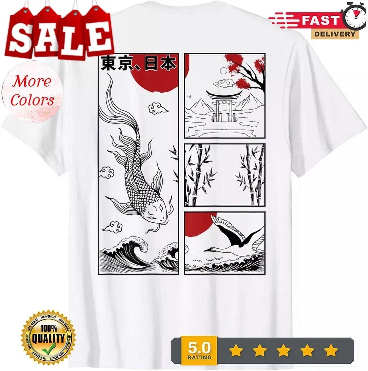 Japanese Koi Fish The Great Wave Off Kanagawa Kanji (Back) T-Shirt ...