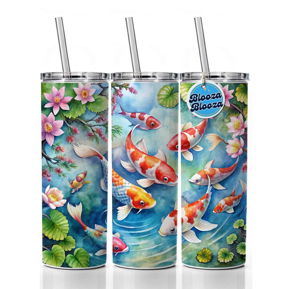 Japanese Koi Pond Scene Watercolor 20oz Insulated Water Bottle Skinny ...