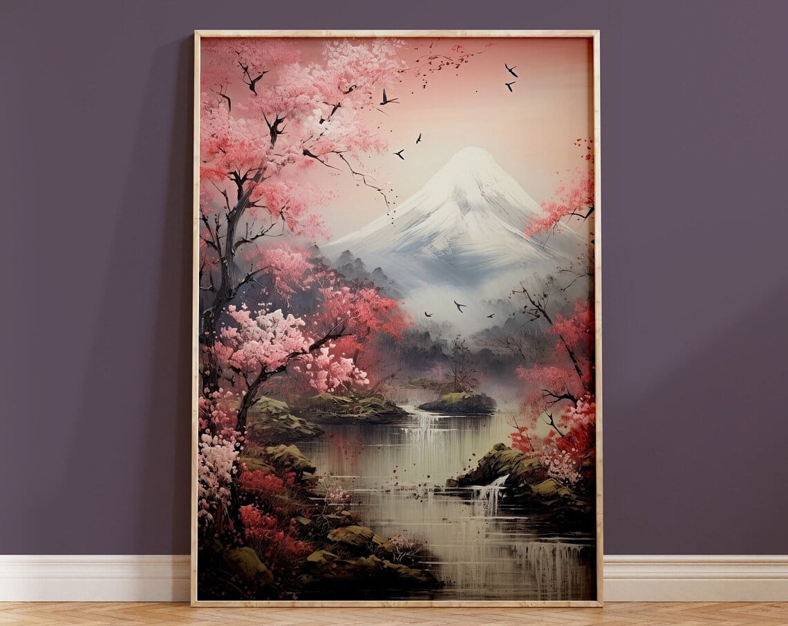Japanese Landscape Art Print Sakura Tree Wall Decor Cherry Blossom ...