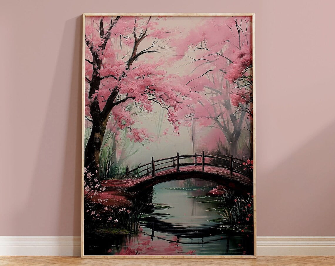 Japanese Landscape Art Print Sakura Tree Wall Decor Cherry Blossom Pink ...