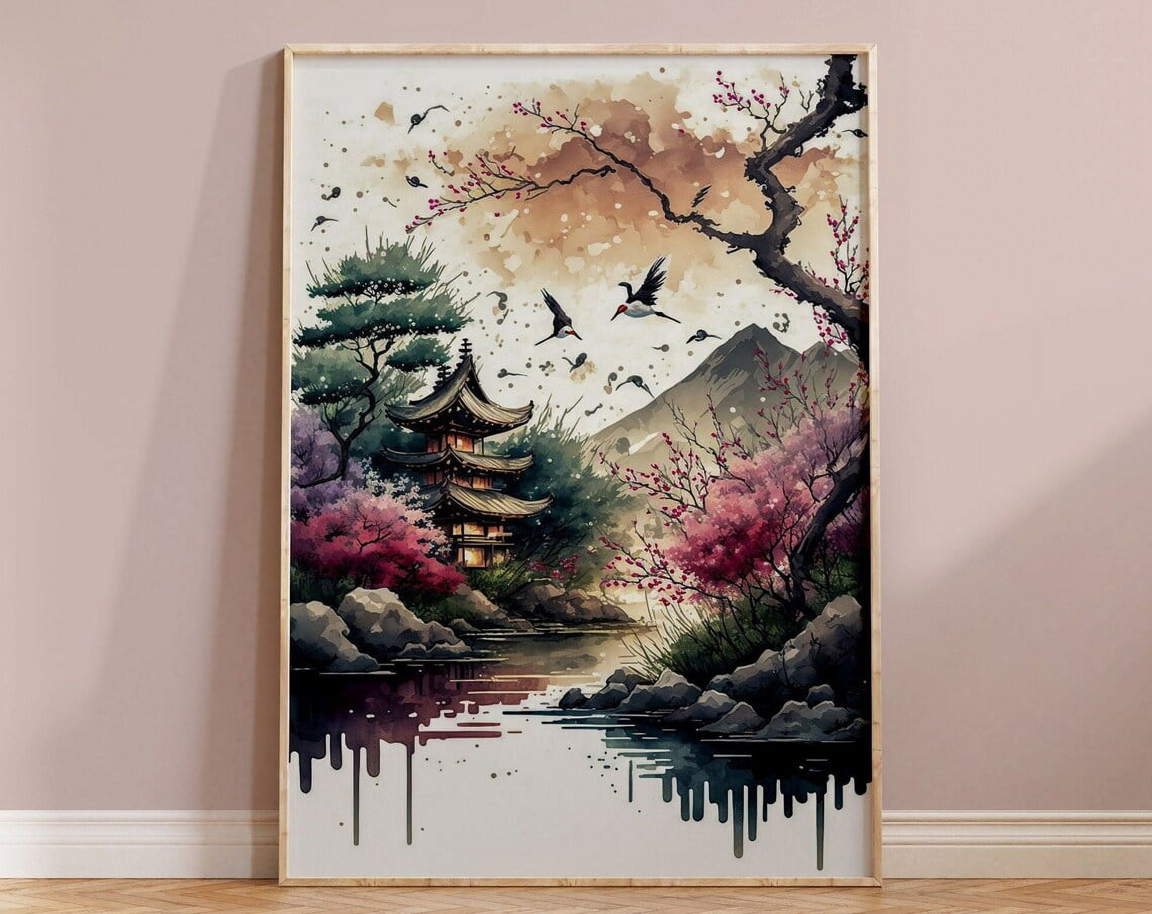 Japanese Landscape Art Print Sakura Tree Wall Decor Pagoda Cherry ...
