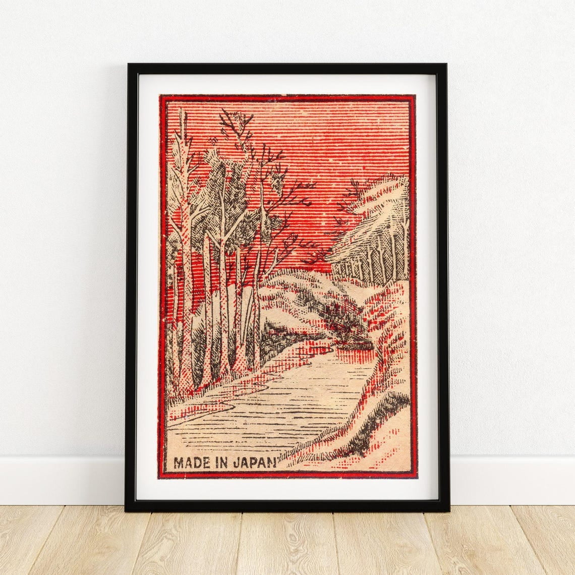 Japanese Landscape Art Print Vintage Made In Japan Design Red And Cream ...