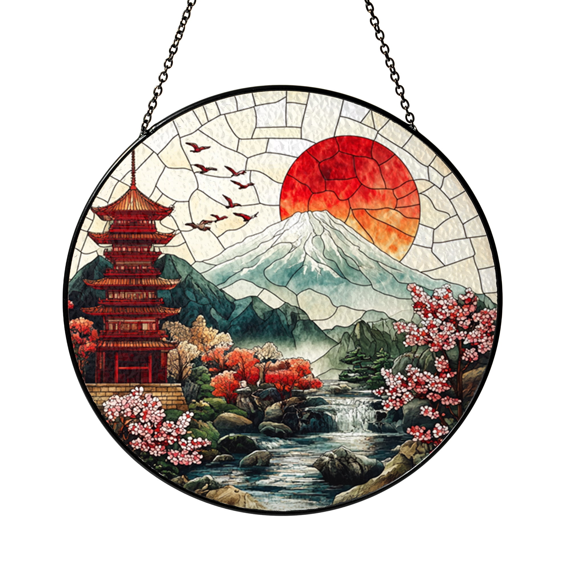 Japanese Landscape Pagoda and Cherry Blossom Stained Glass Suncatcher ...