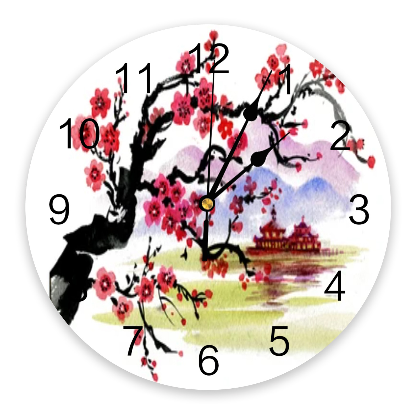Japanese Landscape With Sakura Branches Wall Clock Modern Design Living ...