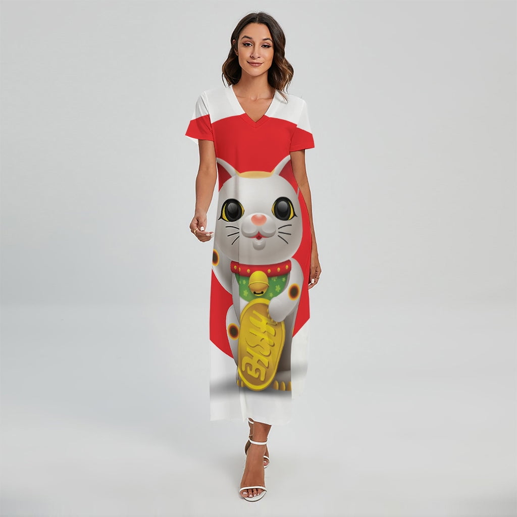 Japanese Lucky Cat Maneki Neko Printed Short Sleeve Maxi Dress, Pet Cat Fashion Summer Maxi ...