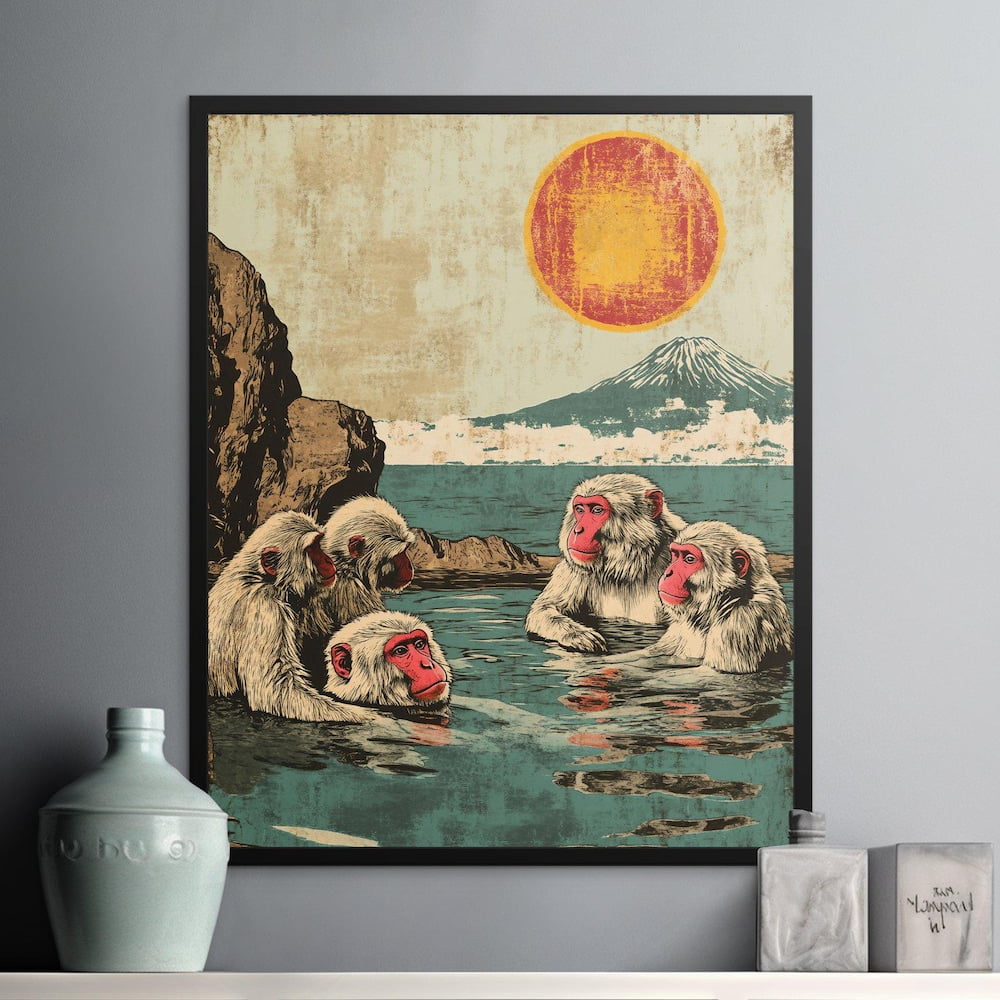 Japanese Macaque Monkeys In Hot Springs Art Print, Wall Decor Poster ...