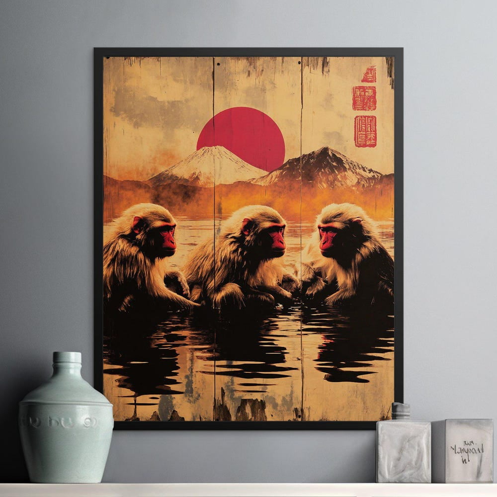 Japanese Macaque Monkeys Poster, Red Sun And Mountains Art Print, Wall ...