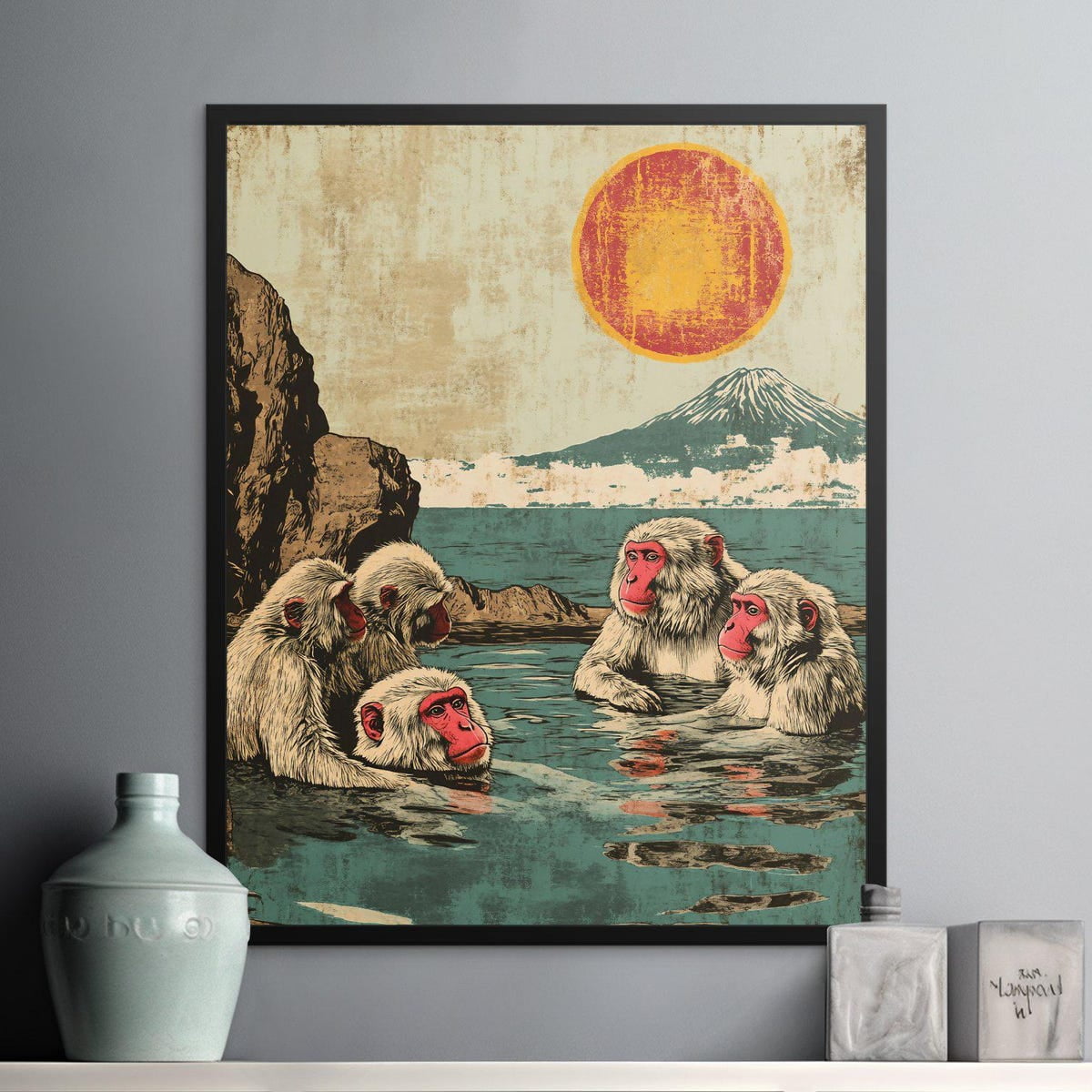 Japanese Macaque Monkeys in Hot Springs Art Print, Wall Decor Poster ...
