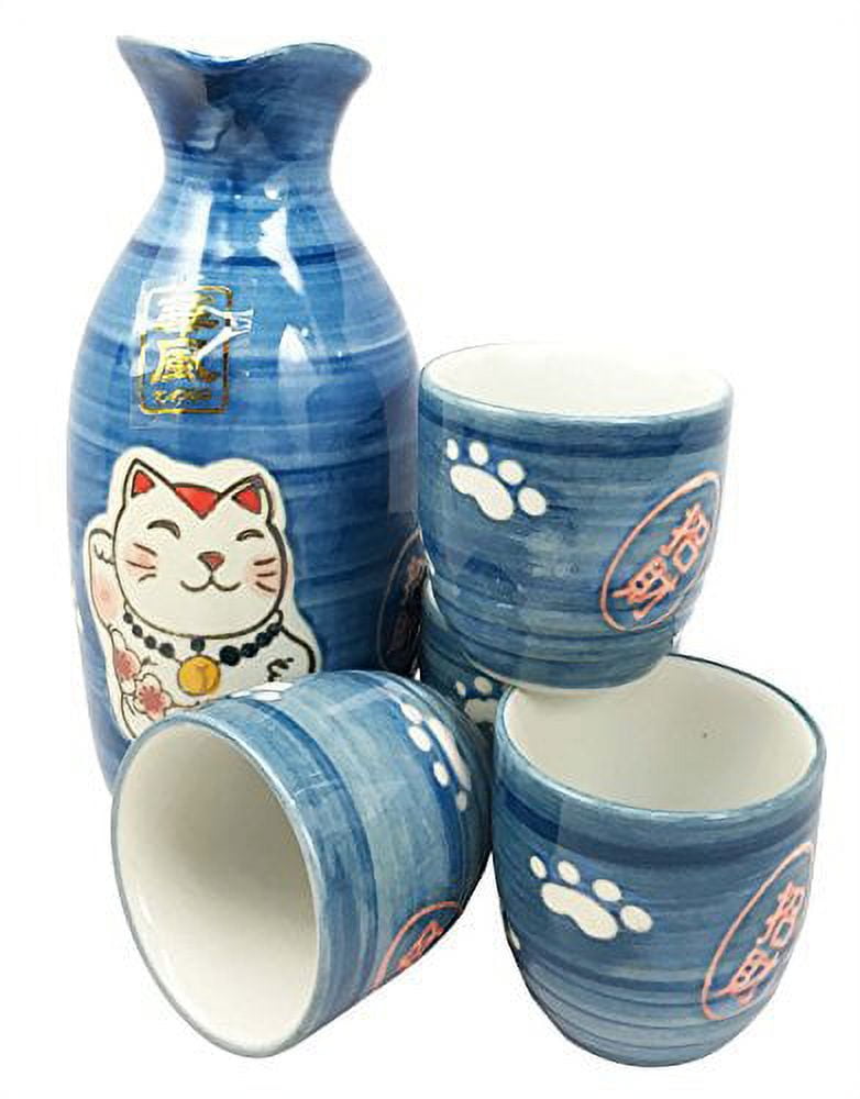 Japanese Maneki Neko Lucky Charm Cat Glazed Ceramic Blue Sake Set Flask ...