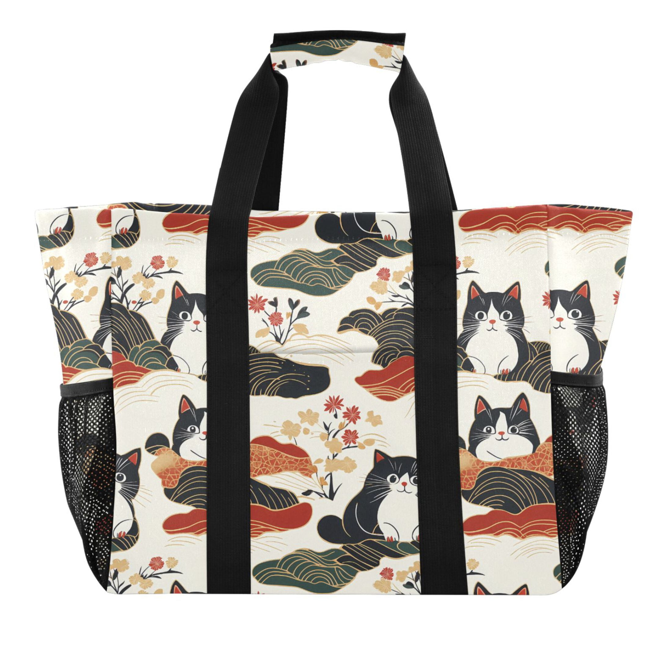 Japanese Maneki-neko Cats Reusable Grocery Bags with Handle Side Pocket ...