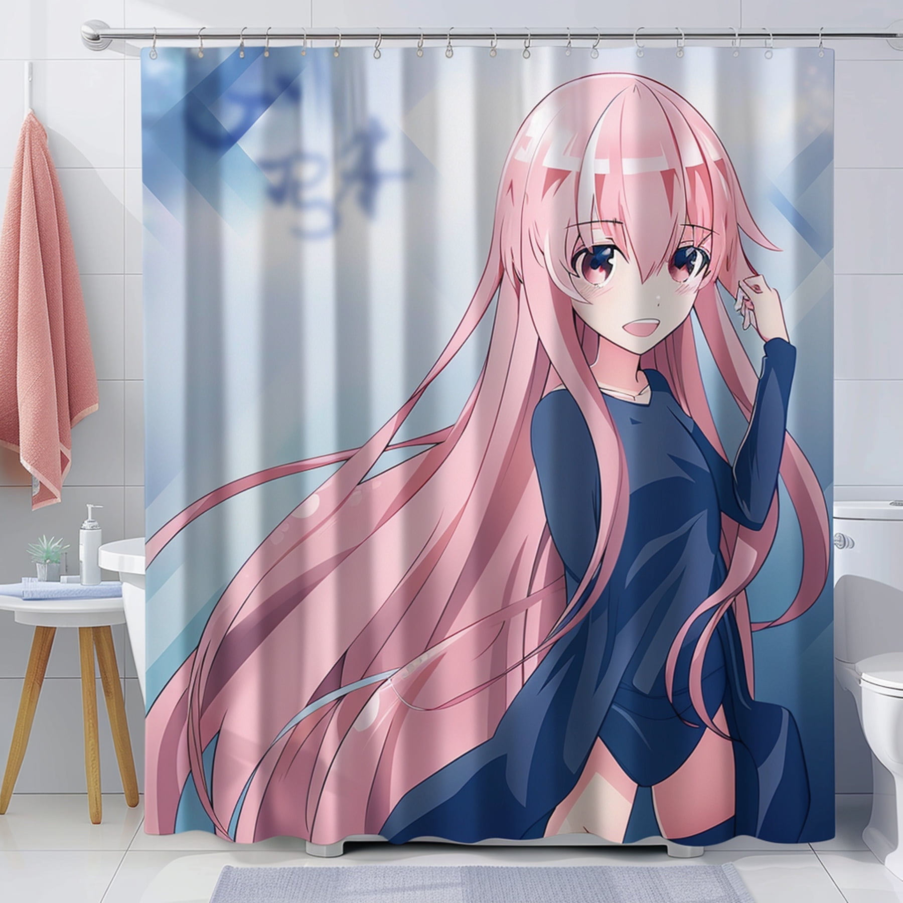 Japanese Manga Style Anime Girl Shower Curtain Tranquil Blue Background