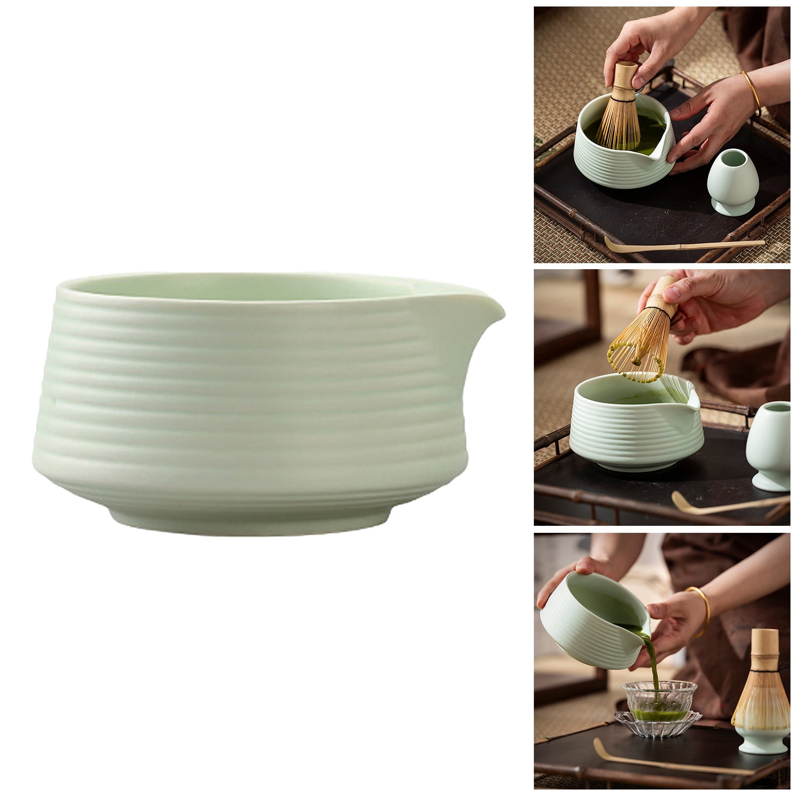 Japanese Matcha Traditional Porcelain Tea Bowl with Pour Spout, Green ...