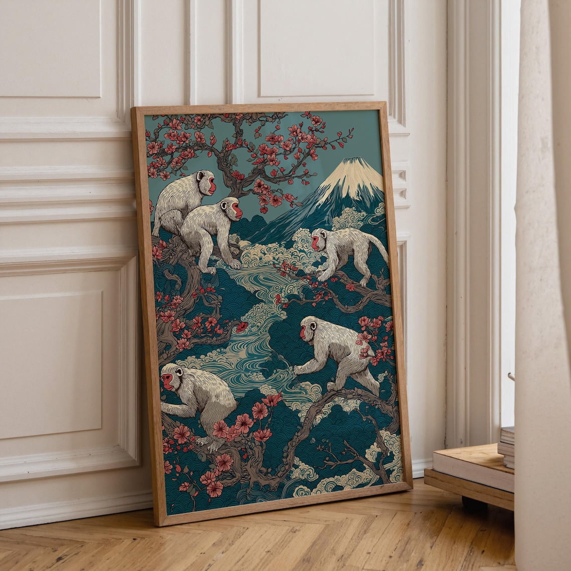 Japanese Monkey Mount Fuji Sakura Japandi Nature Wall Art, Stretched ...