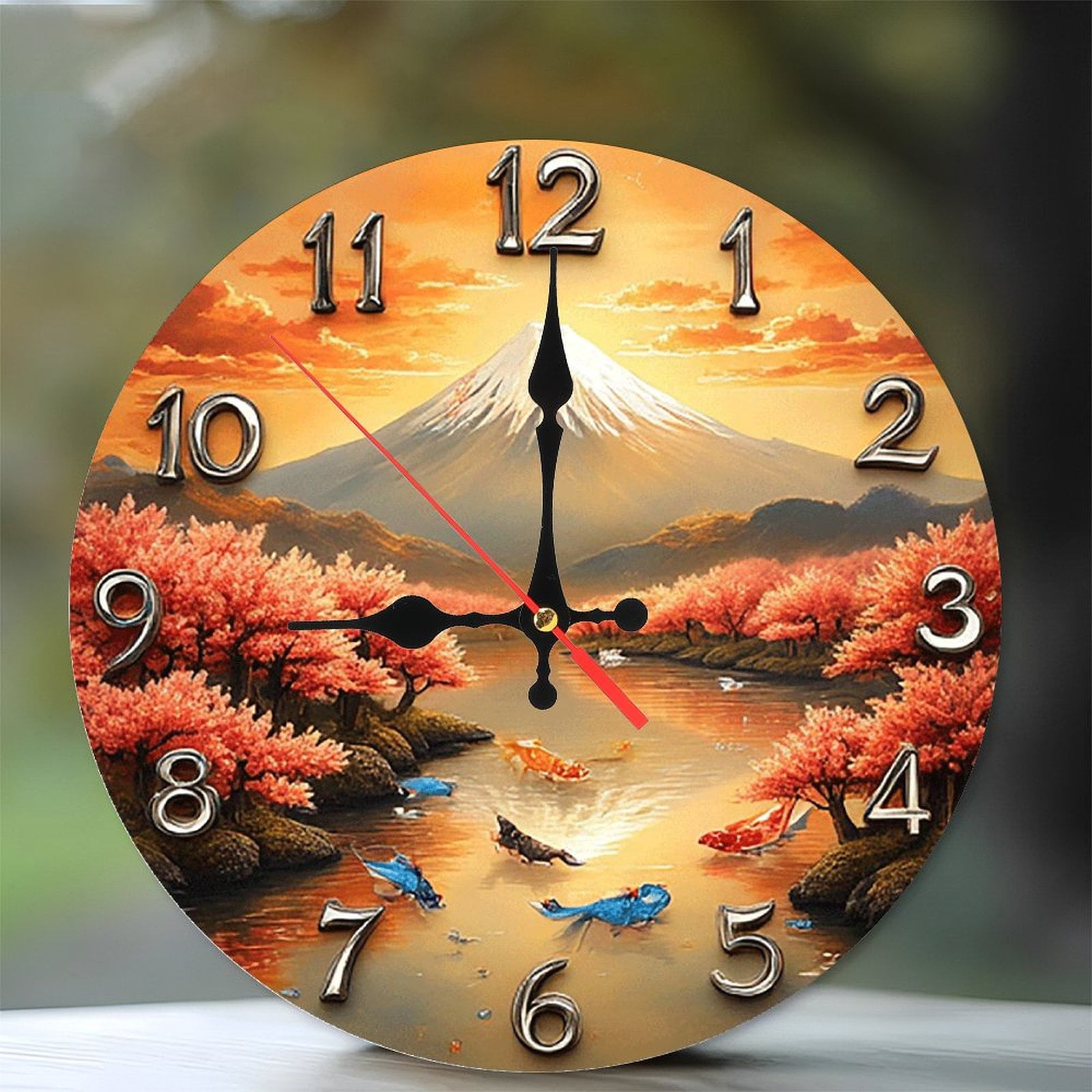 Japanese Mount Fuji Koi Fish Clock Wall Art 10-Inch Silent Wooden Wall ...
