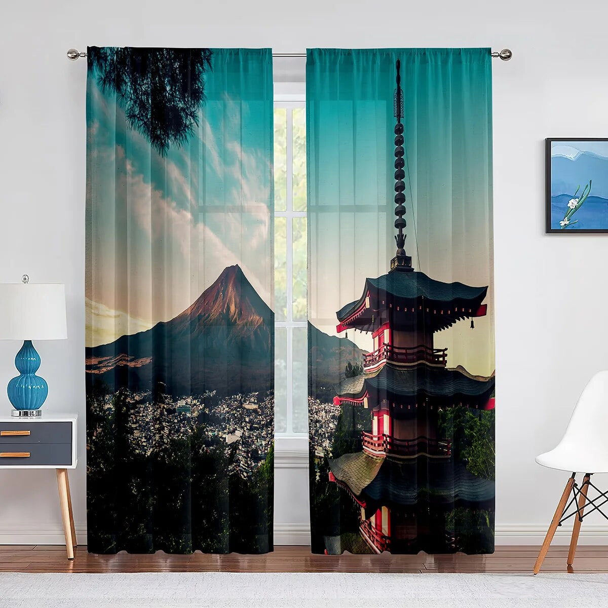 Japanese Mount Fuji Maple Leaves Natural Landscape Tulle Sheer Window ...