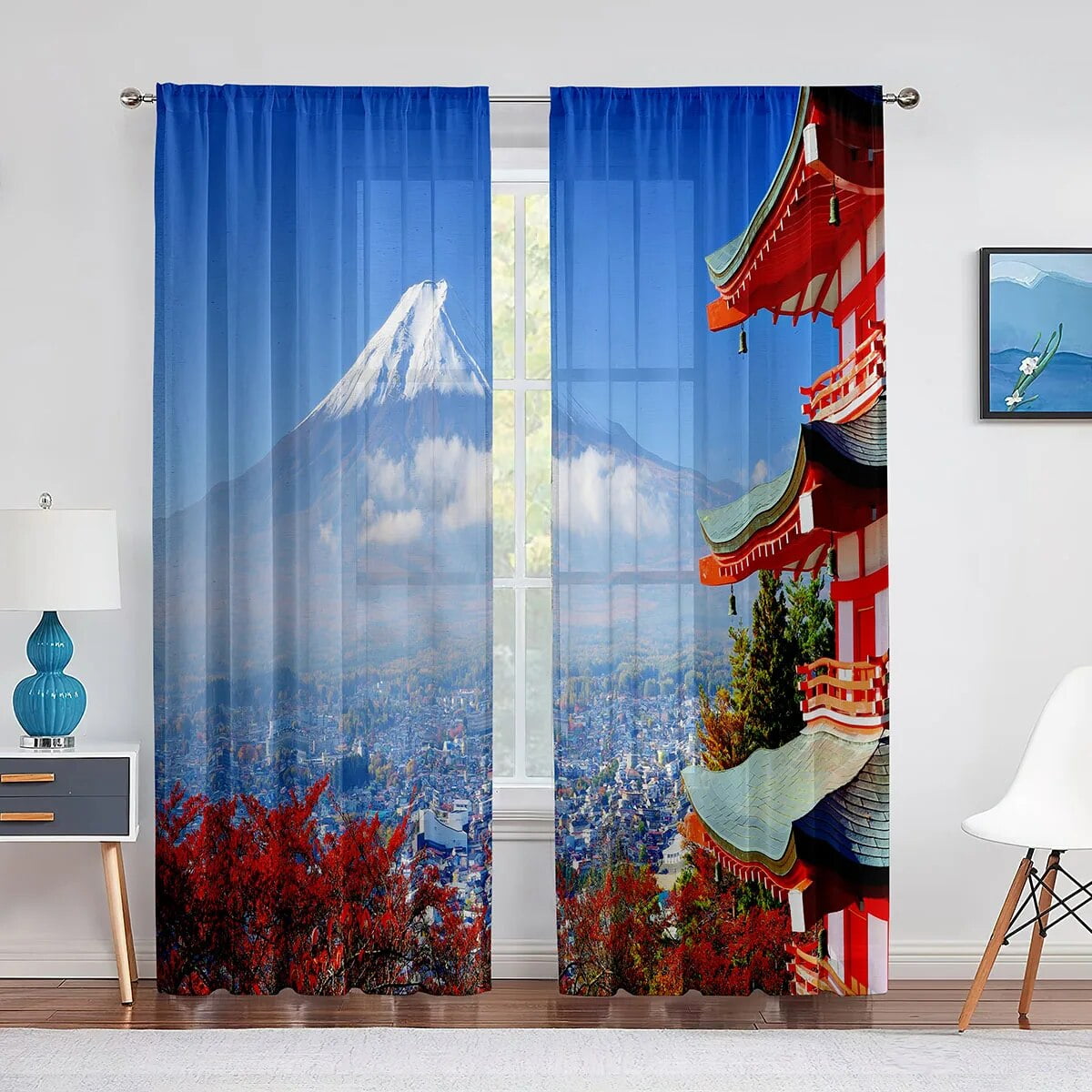 Japanese Mount Fuji Maple Leaves Natural Landscape Tulle Sheer Window ...