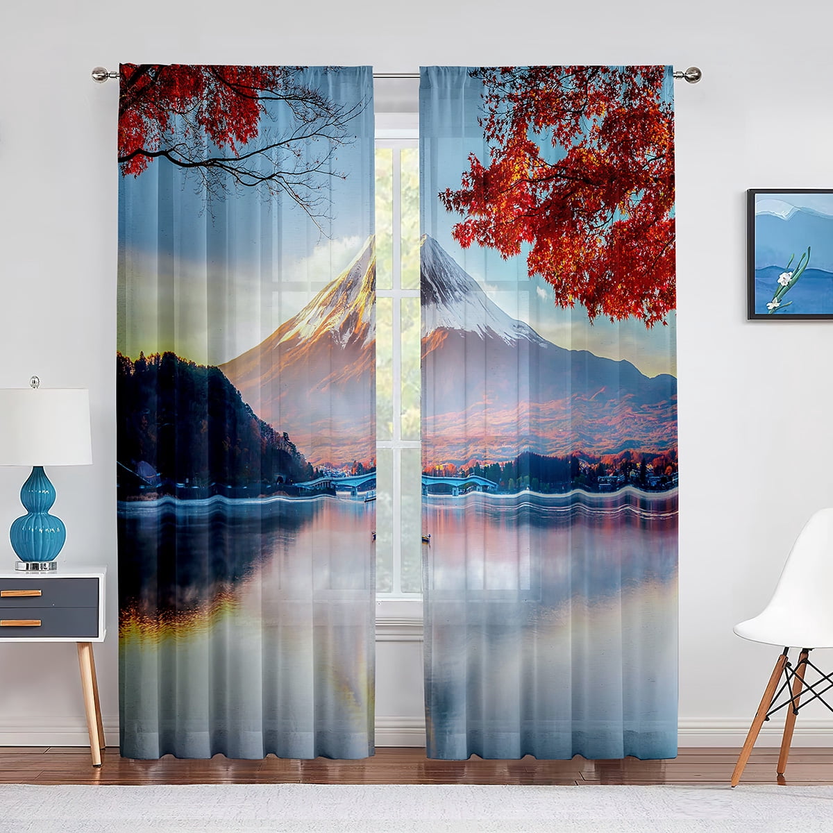Japanese Mount Fuji Maple Leaves Natural Landscape Tulle Sheer Window ...