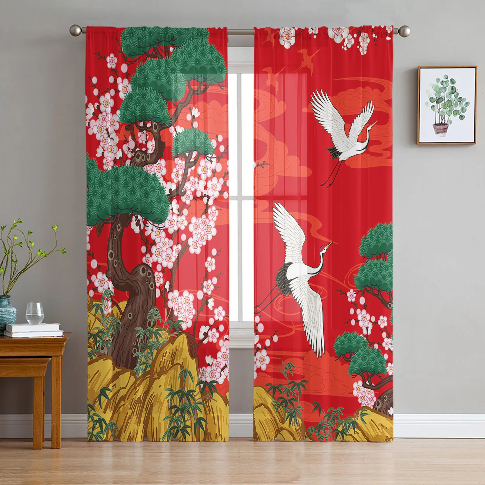 Japanese Mount Fuji Sakura Tree Flower Tulle Window Curtains Living ...