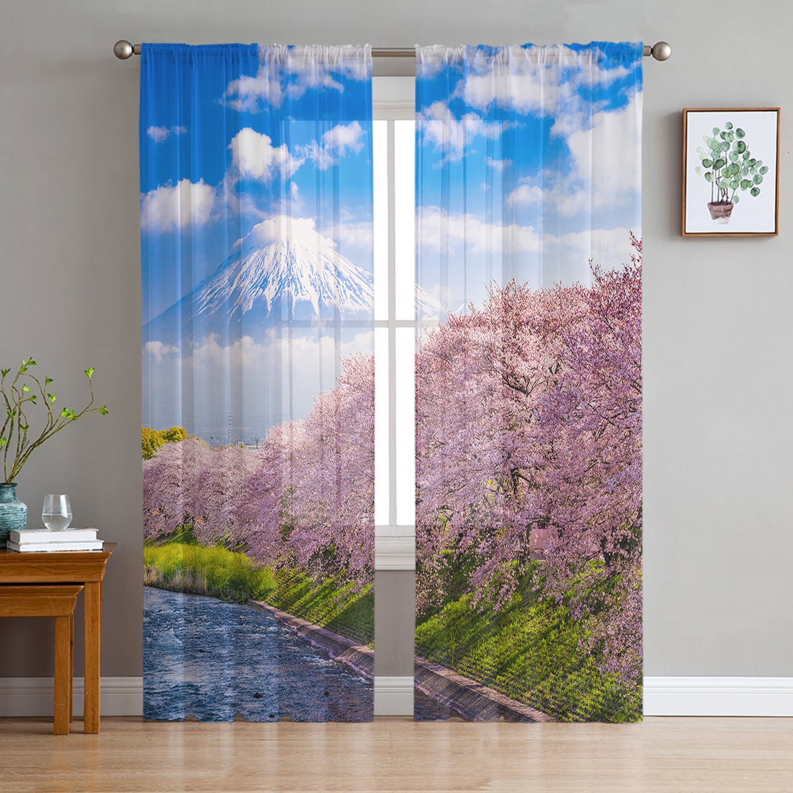 Japanese Mount Fuji Sun Sakura Sheer Curtains For Living Room Bedroom ...