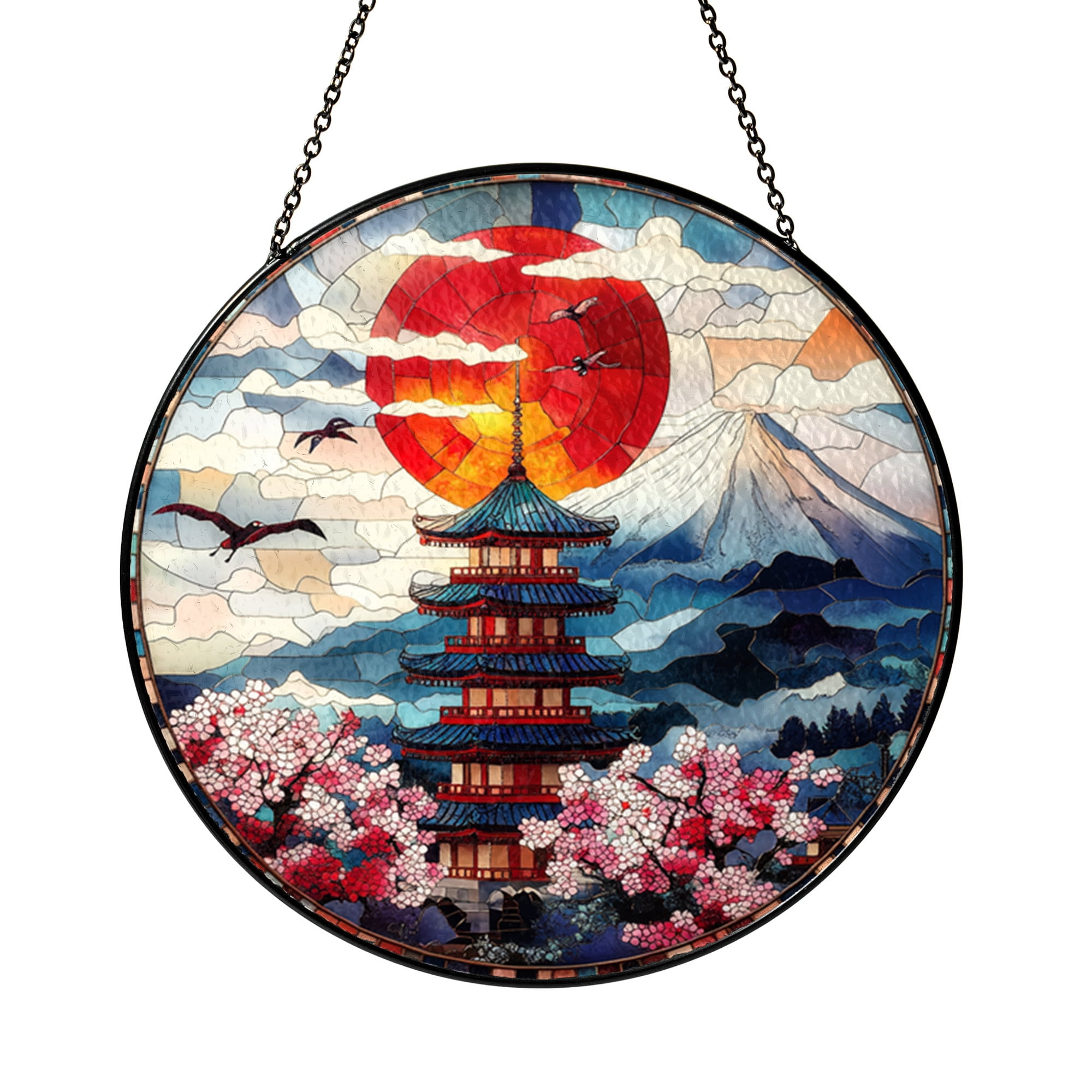Japanese Mount Fuji and Sakura Stained Glass Suncatcher, Pagoda Window ...
