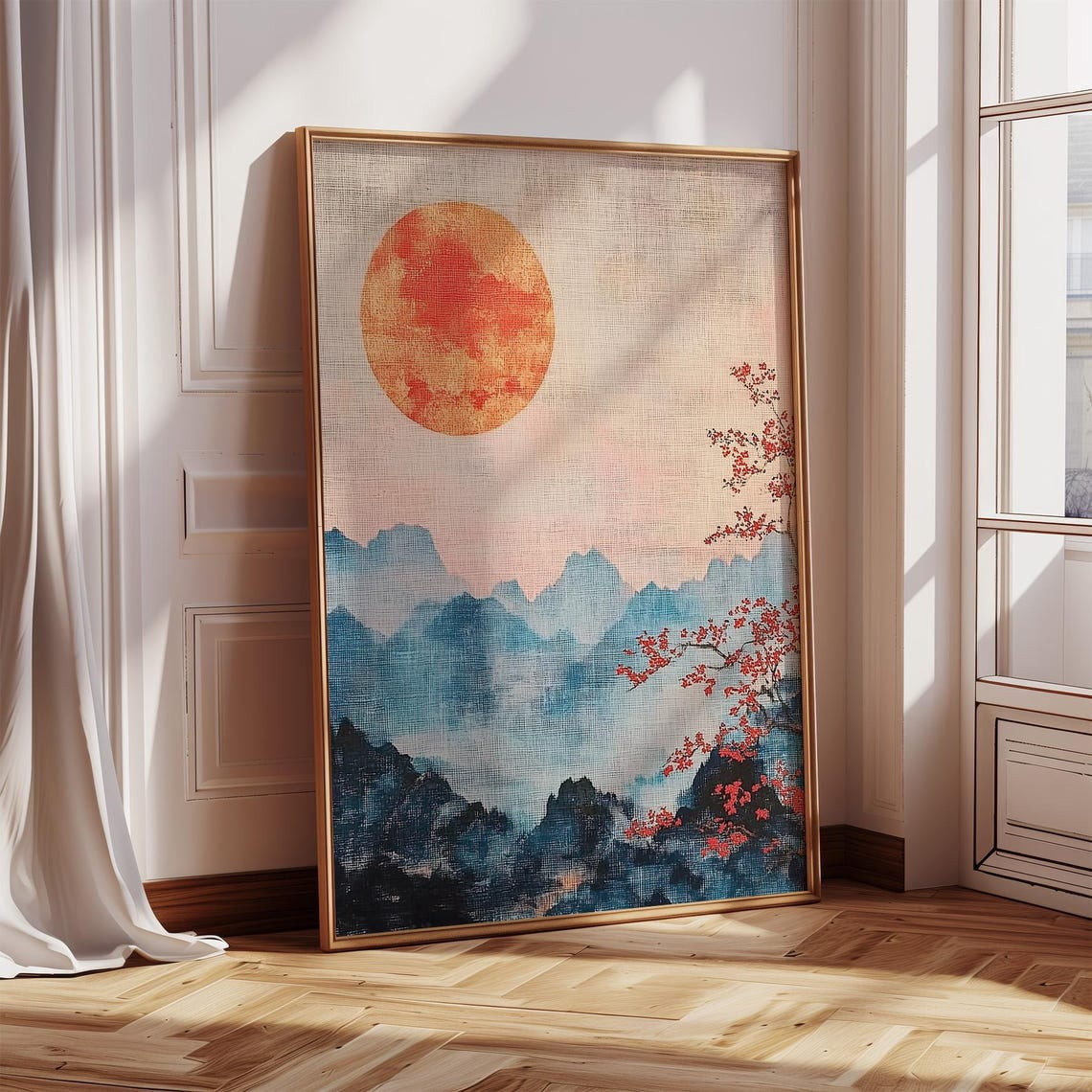Japanese Mountain Art Wabi Sabi Print With Red Sun And Misty Blue ...