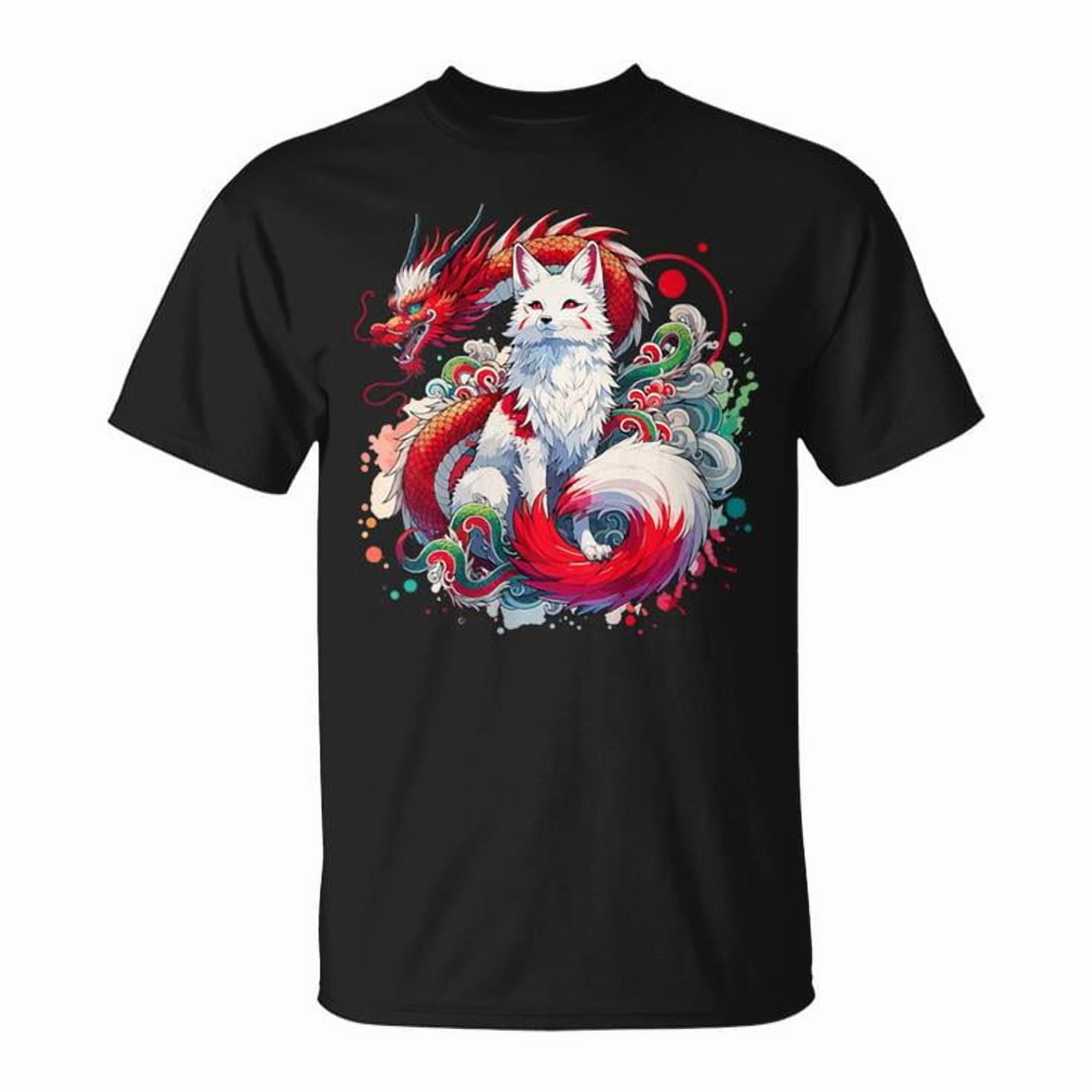 Japanese Nine-Tailed Fox Kitsune Dragon T-Shirt, Mythical Yokai Spirit ...