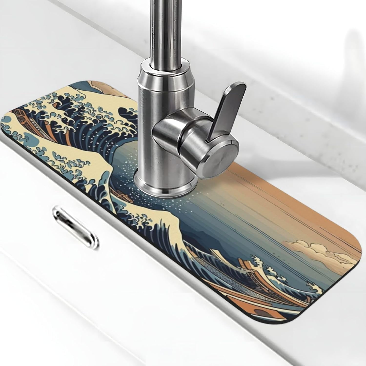 Japanese Ocean Waves Faucet Mat for Kitchen Sink Retro Drying Mat Super ...