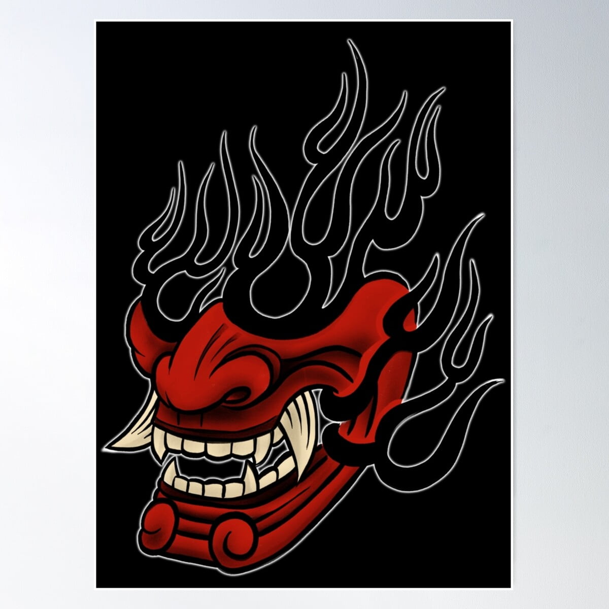 Japanese Oni Mask With Flames Tattoo Design Poster Wall Art, Modern ...